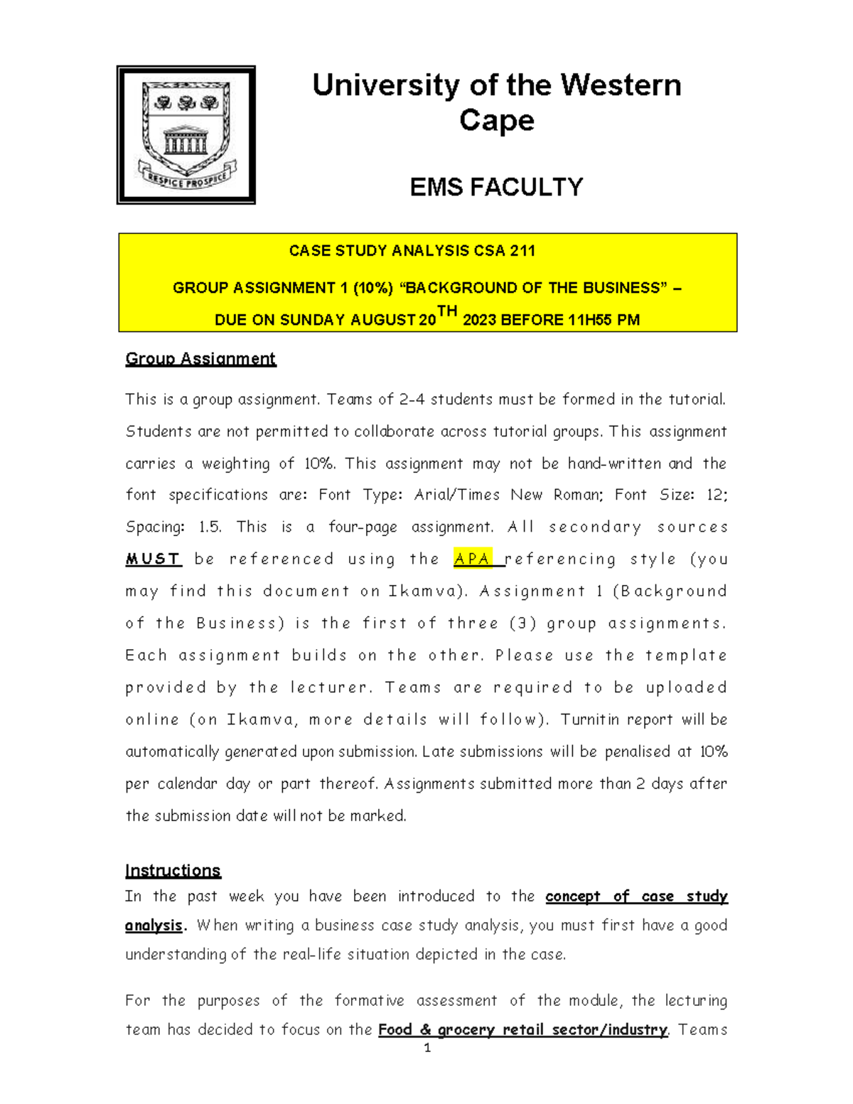 CSA 211 Instructions for Assignment 1 2023 - 1 University of the ...