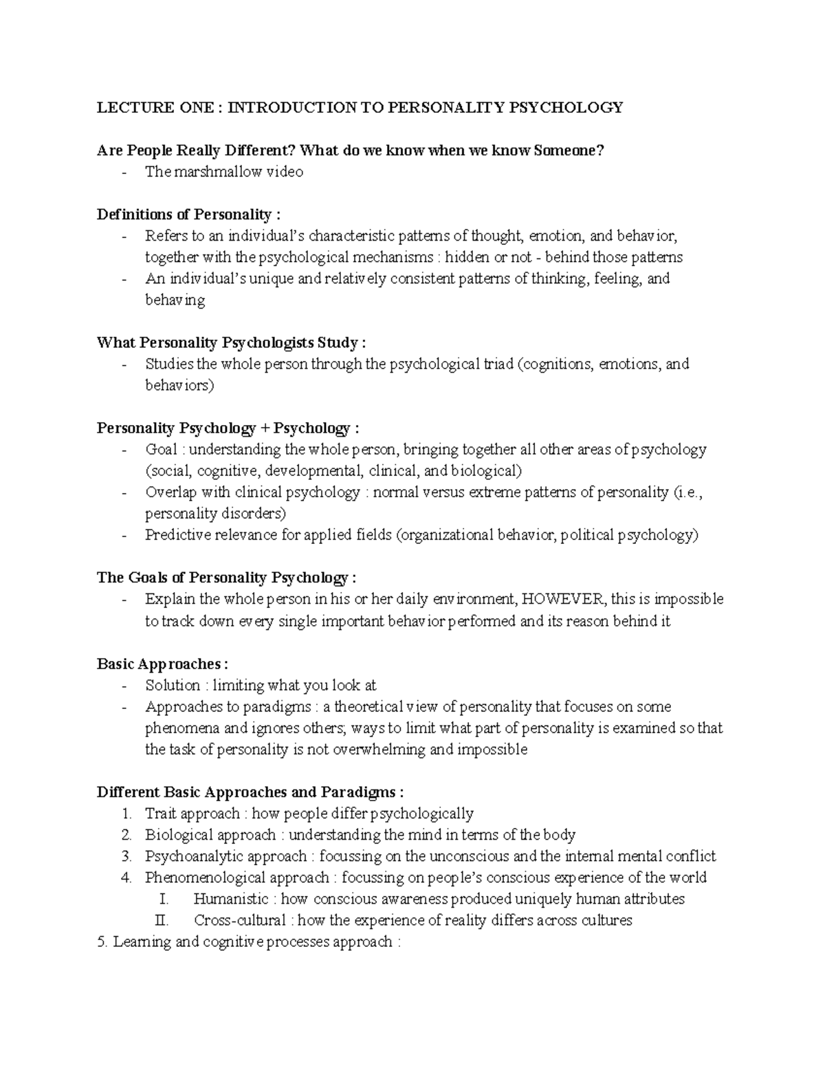 PSYC 305 003 WEEK ONE - NOTES - LECTURE ONE : INTRODUCTION TO ...