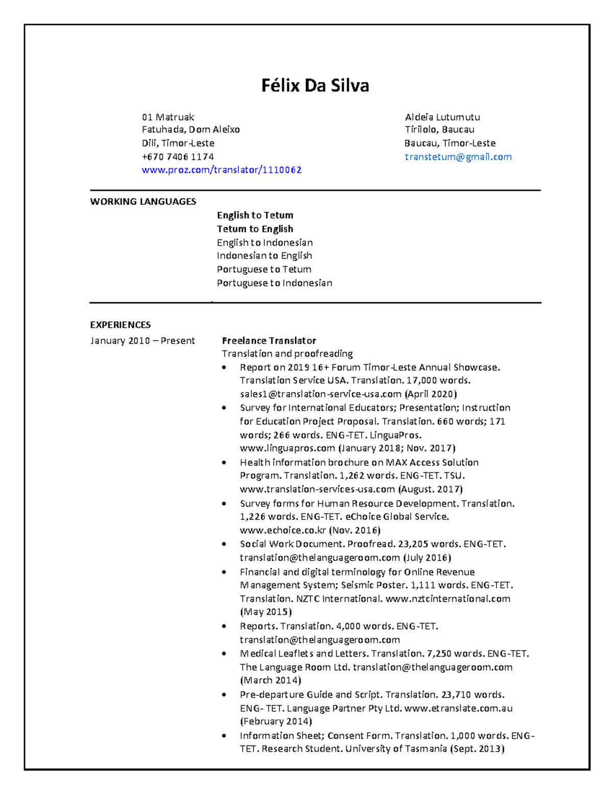 Sample Resume in English for Translator - Félix Da Silva 01 Matruak ...