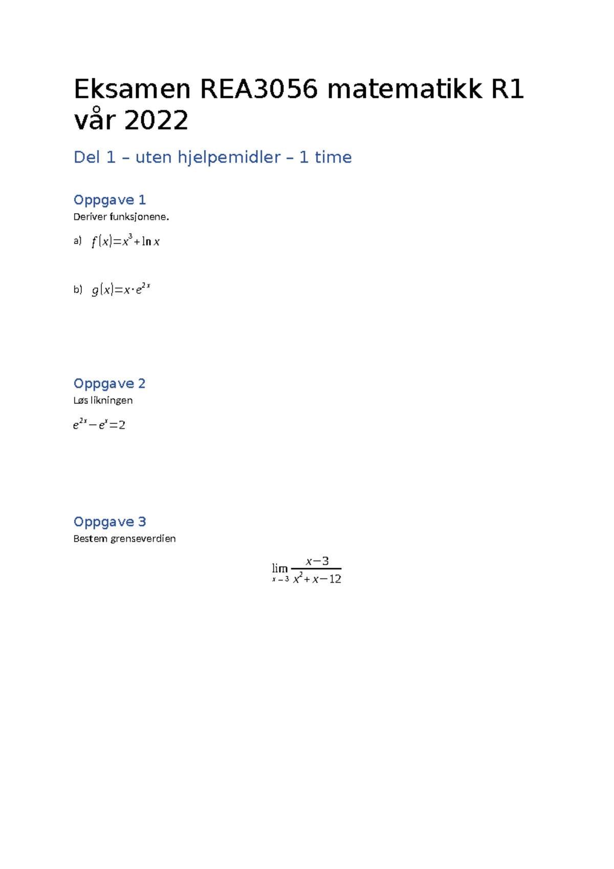 Bm VJj Ys YPs Io NG 8 - Matte 1p - Eksamen REA3056 matematikk R vår ...