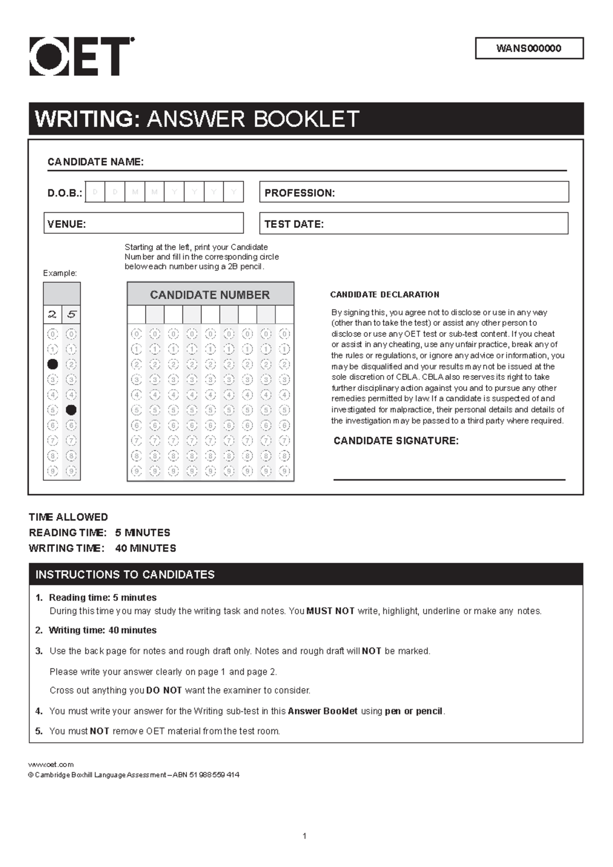 OET Writing Answer Booklet - INSTRUCTIONS TO CANDIDATES 1. Reading time ...