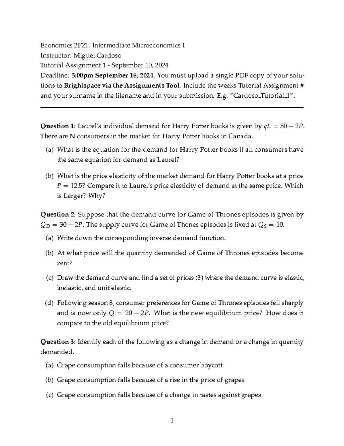 2P21 F2024 Tutorial 1 Questions - Economics 2P21: Intermediate ...