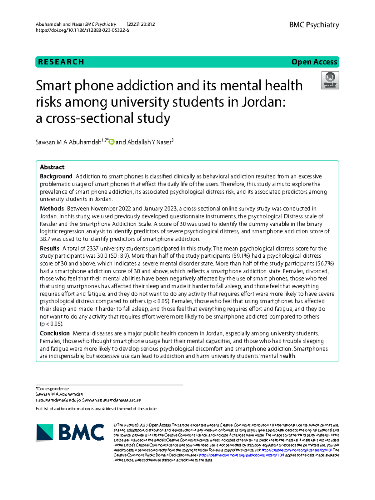 Smart phone addiction and its - R E S E A R C H Open Access © The ...