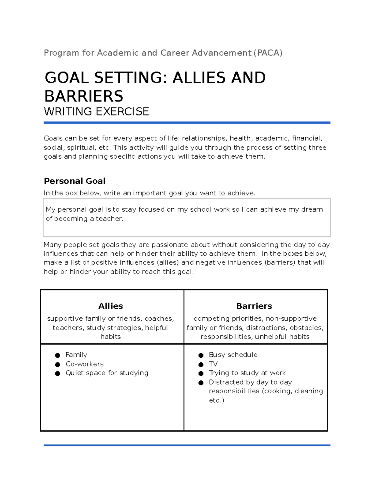 Goal Setting Allies and Barriers Worksheet - Program for Academic and ...