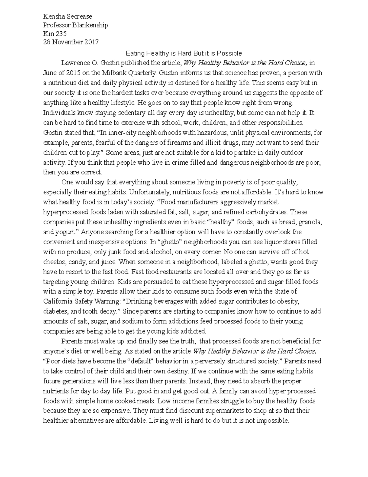 Kin 235 - Grade: A - Kensha Secrease Professor Blankenship Kin 235 28 ...