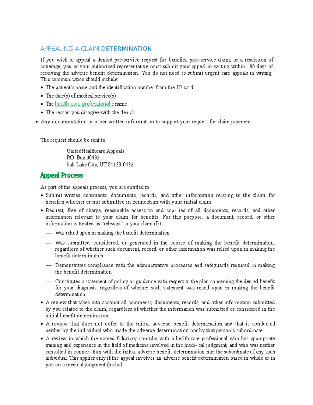 Appealing A Claim Determination - APPEALING A CLAIM DETERMINATION If ...