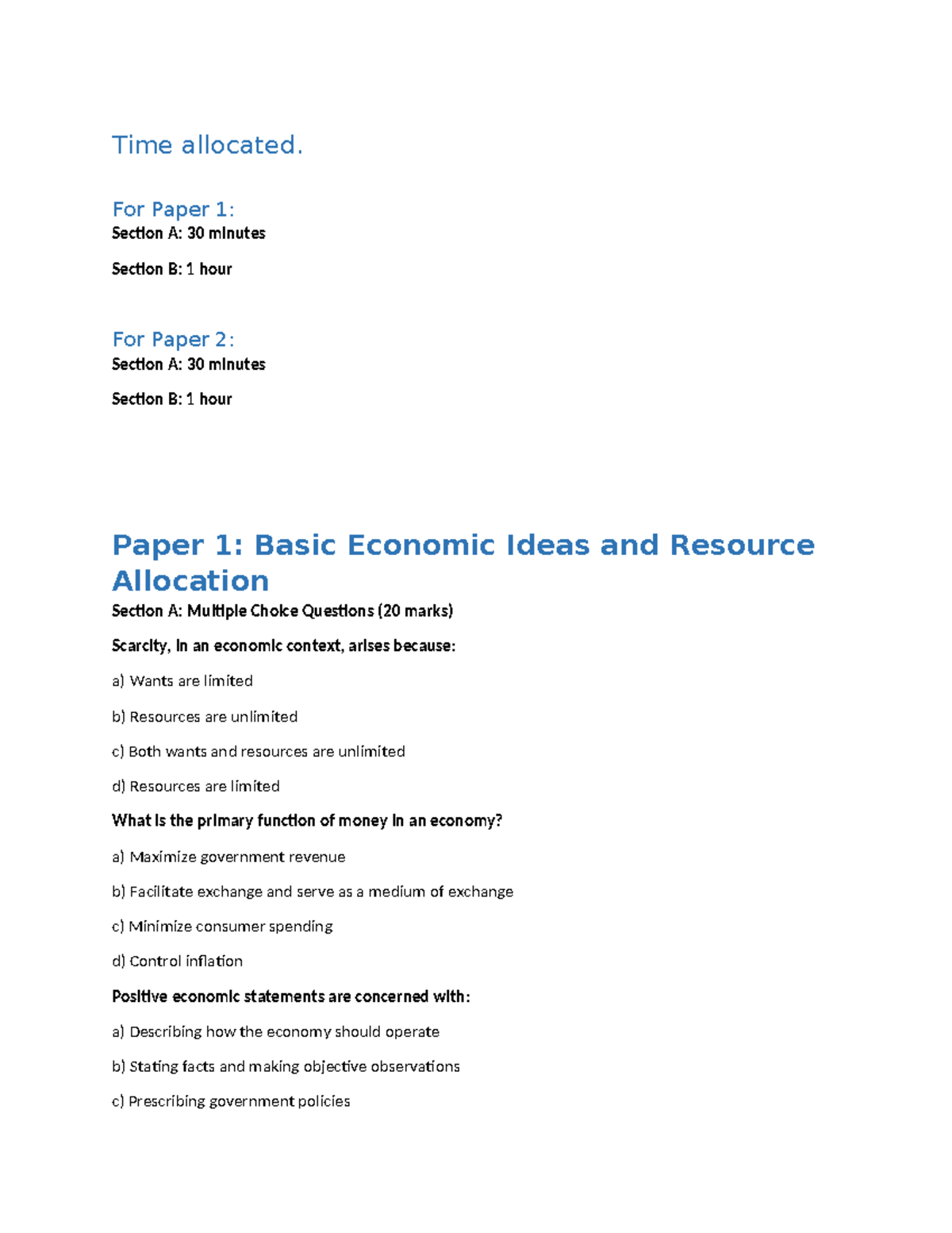 Paper 1 & 2 AS level practice - Time allocated. For Paper 1: Section A ...