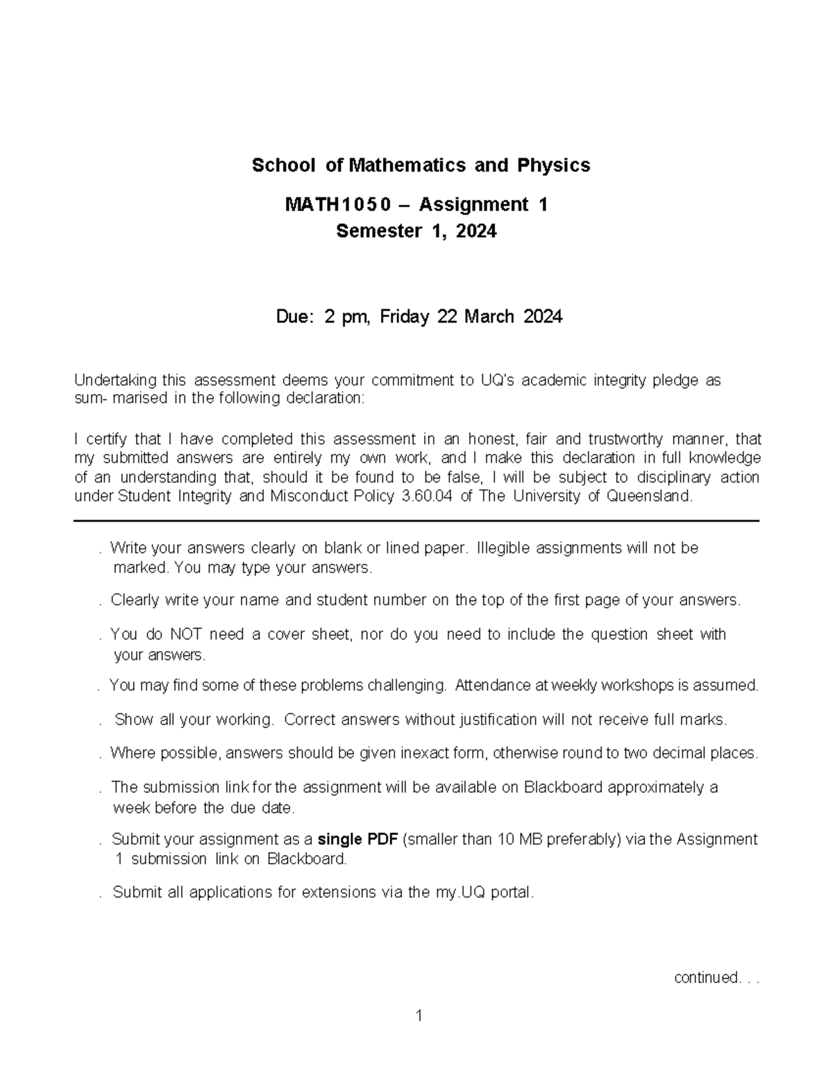 MATH1050 Assignment 1 Sem 1 2024-2 - School of Mathematics and Physics ...