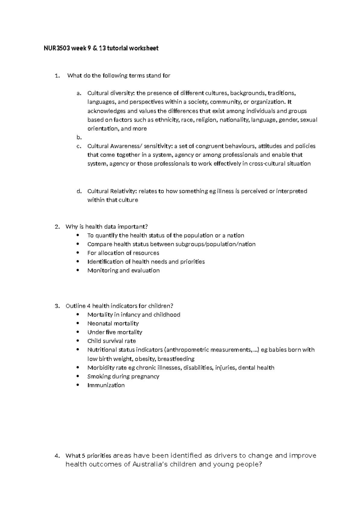 NUR3503 week 9 & 13 tutorial worksheet with suggested answers-1 ...