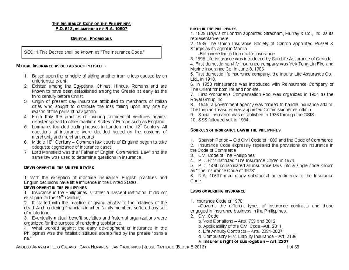 De Leon Insurance Summary - THE INSURANCE CODE OF THE PHILIPPINES P ...
