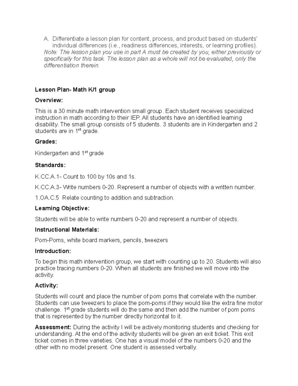 D187 Task 3 - Passed - A. Differentiate a lesson plan for content ...