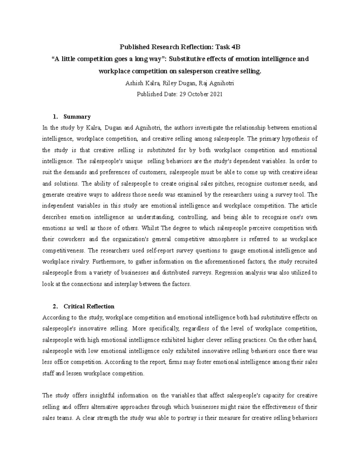 MR reflection Task 4B - Published Research Reflection: Task 4B “A ...