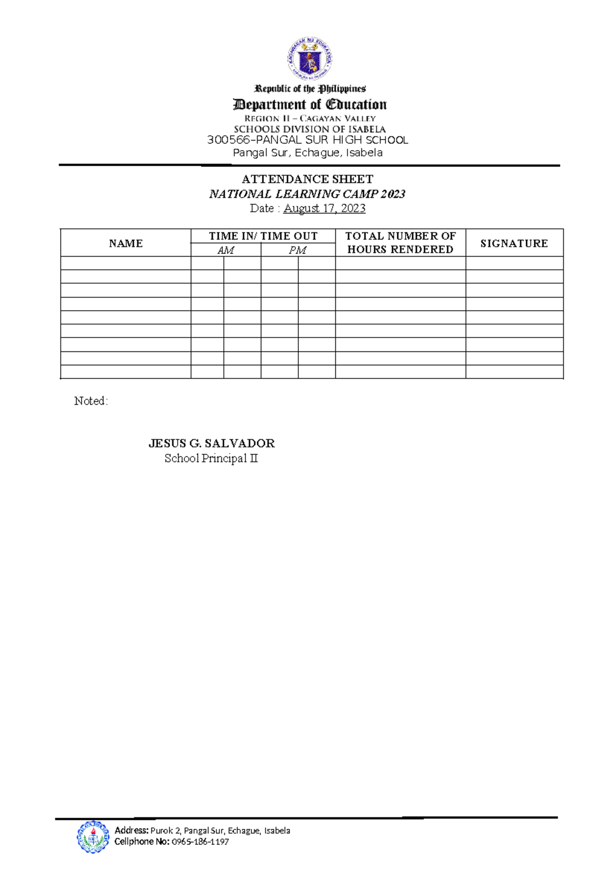 Attendance Sheet NLC - Secondary Education - Address: Purok 2, Pangal ...