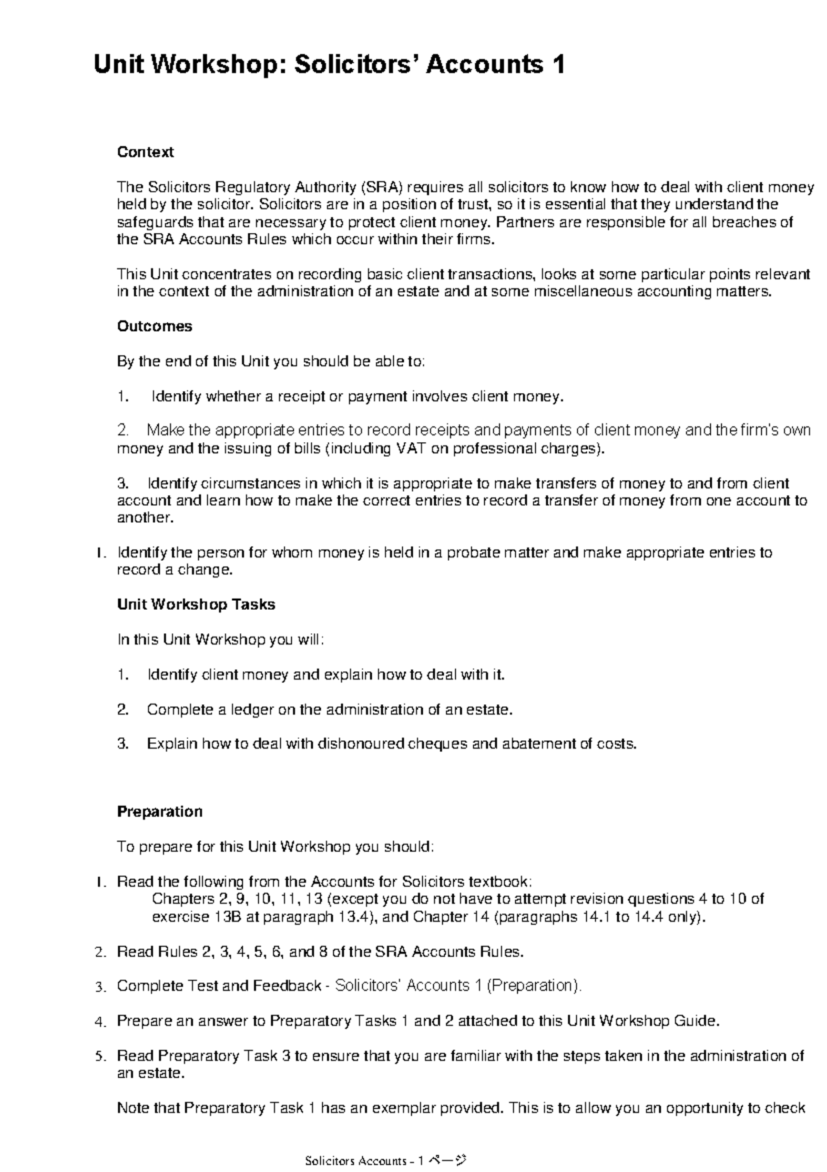 Unit Workshop Solicitors’ Accounts 1 - Context The Solicitors ...