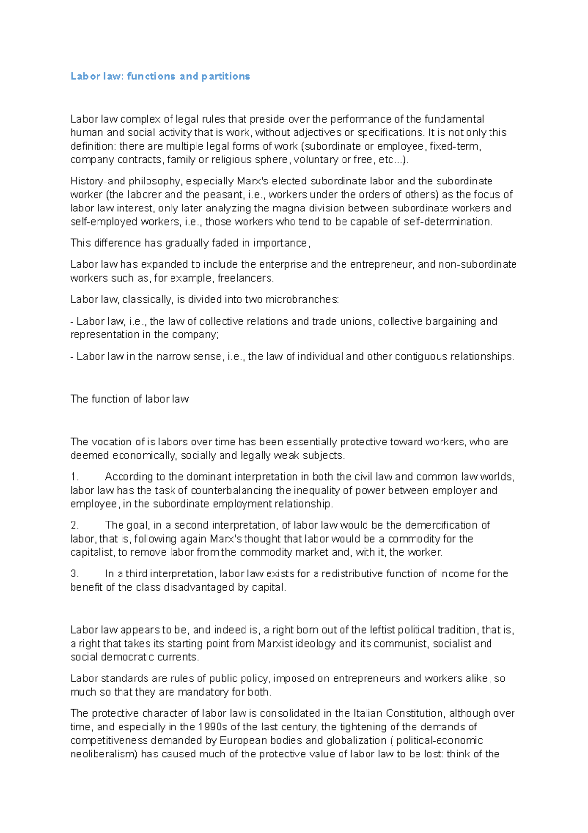 Labor law 1 - Labor law: functions and partitions Labor law complex of ...