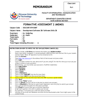 DSO23BT SA Memo - Summative Question Paper - YEAR: Student Number Surname & Initials 2022 - Studocu