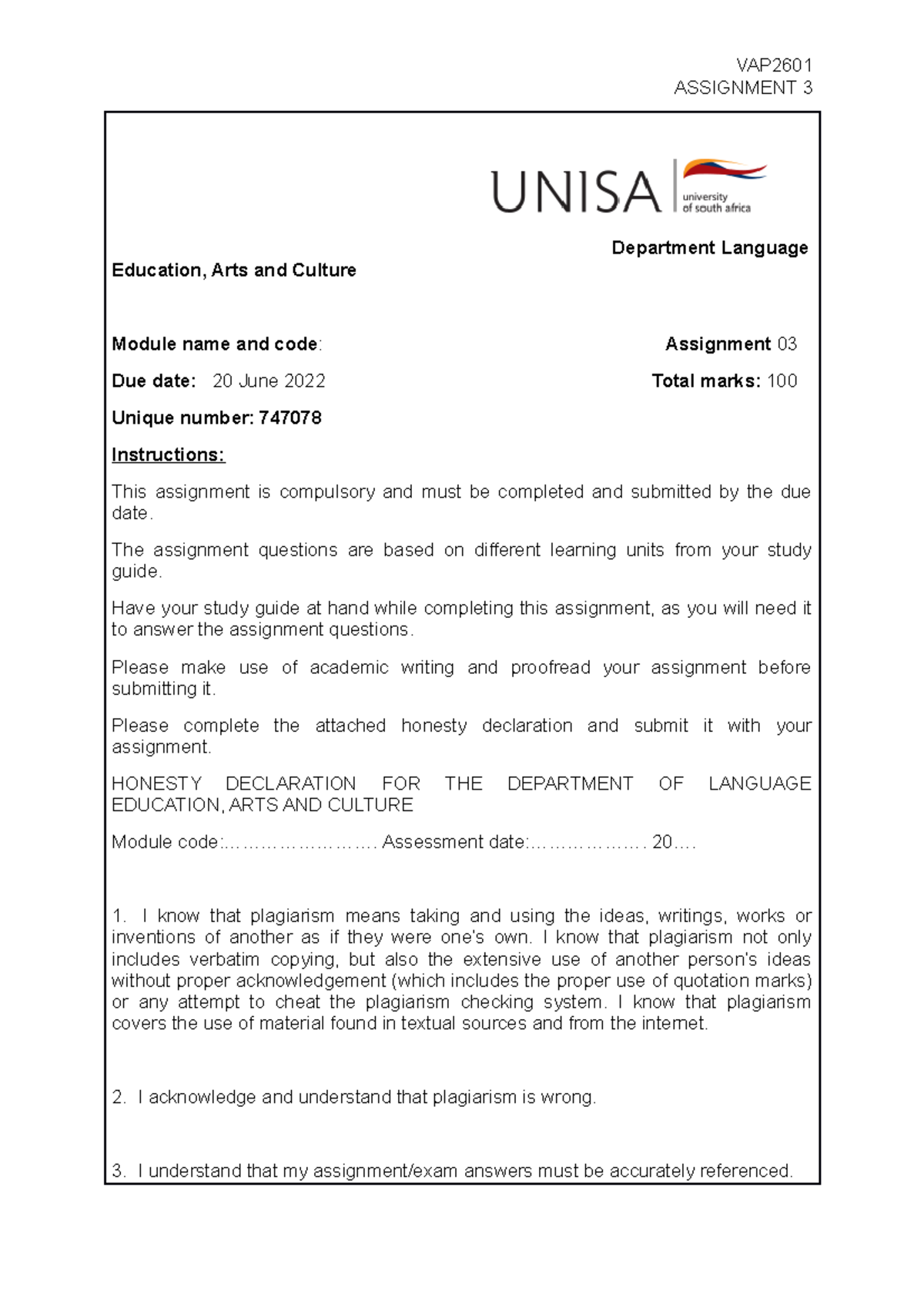 VAP2601 Assignment 3 - ASSIGNMENT 3 Department Language Education, Arts ...