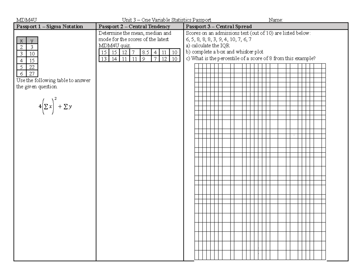 Copy of Unit 3 Passport - MDM4U Unit 3 – One Variable Statistics Passport Name: Passport 1 ...
