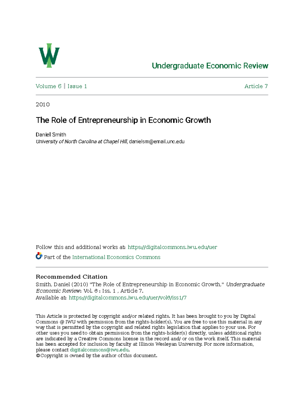 The Role of Entrepreneurship in Economic Growth - unc Follow this and ...