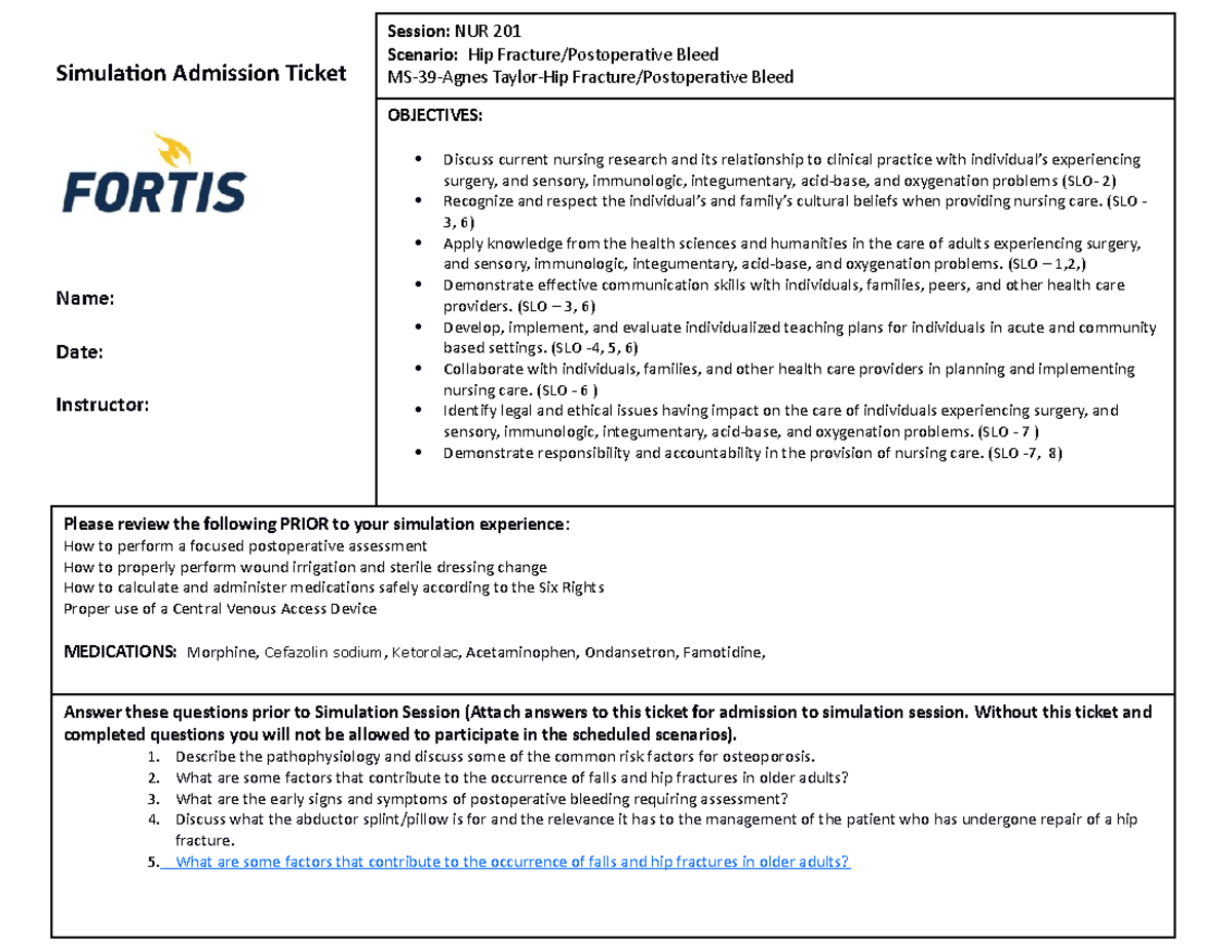 MS -39-Agnes Taylor-hip fracture-post op bleed-Pre Sim Assignment-1 ...