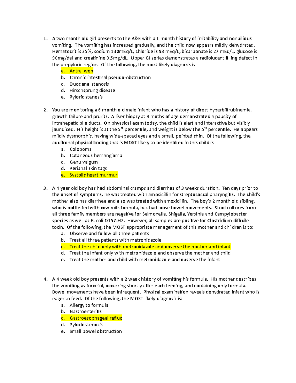Practice Questions Peds Finals Now Study A Two Month Old Girl