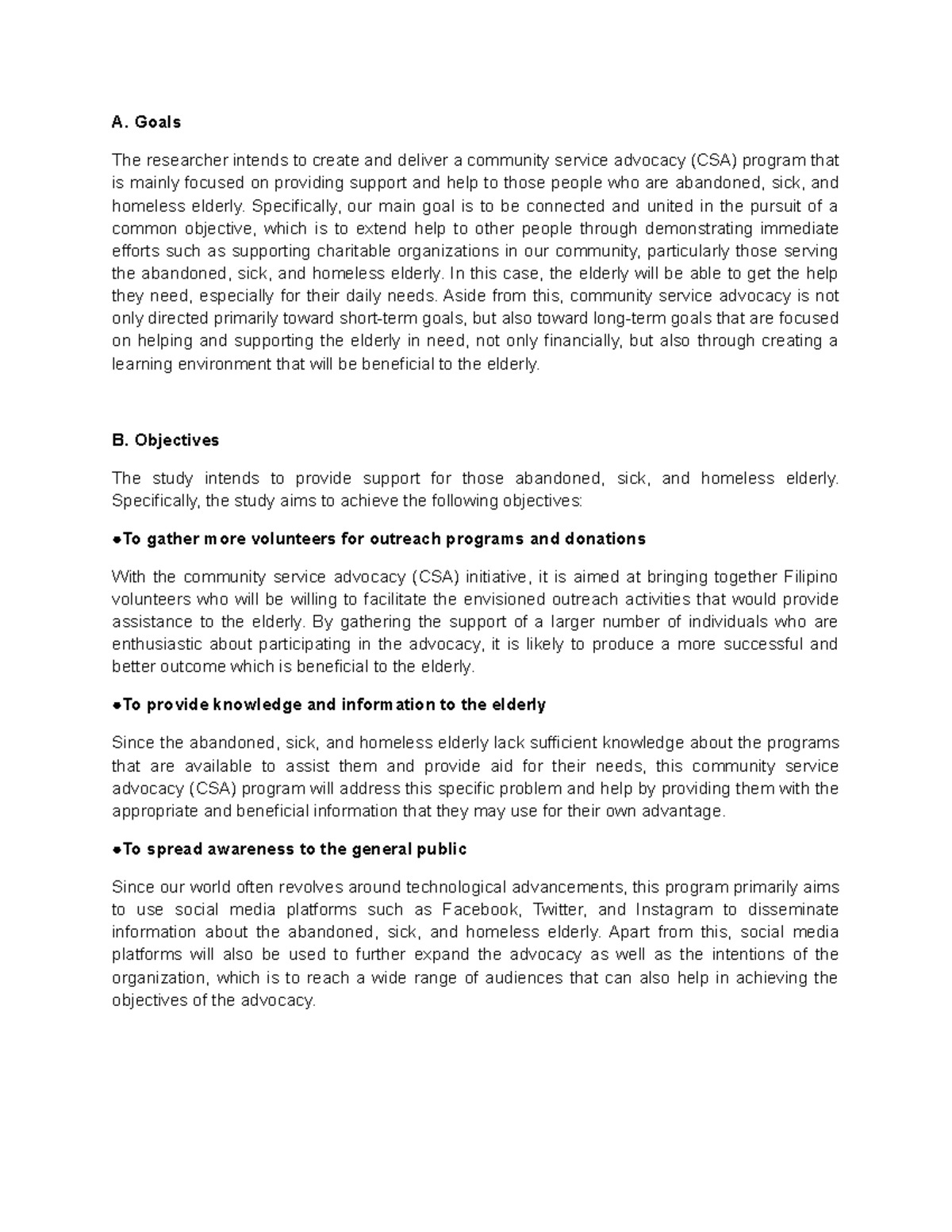 Goals-and-Objectives CSA Providing Support for the Elderly - A. Goals ...