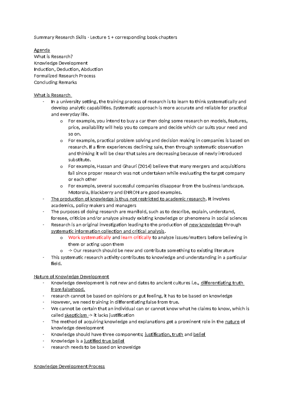 Research Skills Lecture 1 - Summary Research Skills - Lecture 1 + corresponding book chapters ...