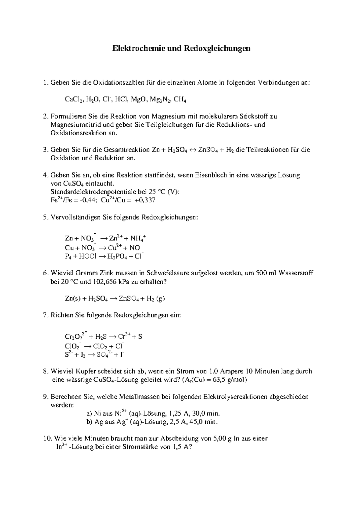 Übung 6 mit Lösungen - Elektrochemie und Redoxgleichungen ...