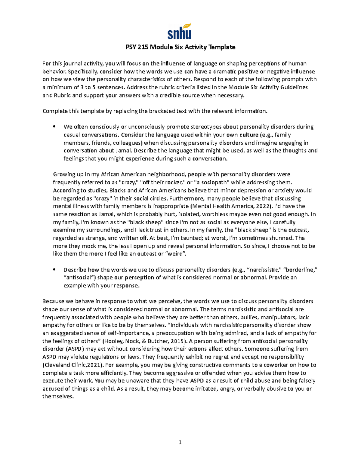 PSY 215 Module Six Activity Complete - PSY 215 Module Six Activity ...