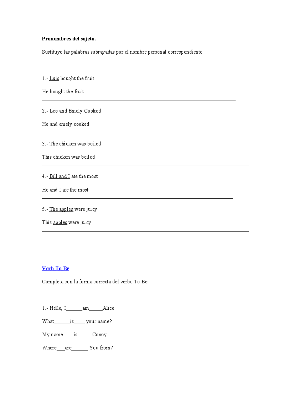 A1 Ingles TAREA 1 - Pronombres del sujeto. Sustituye las palabras ...