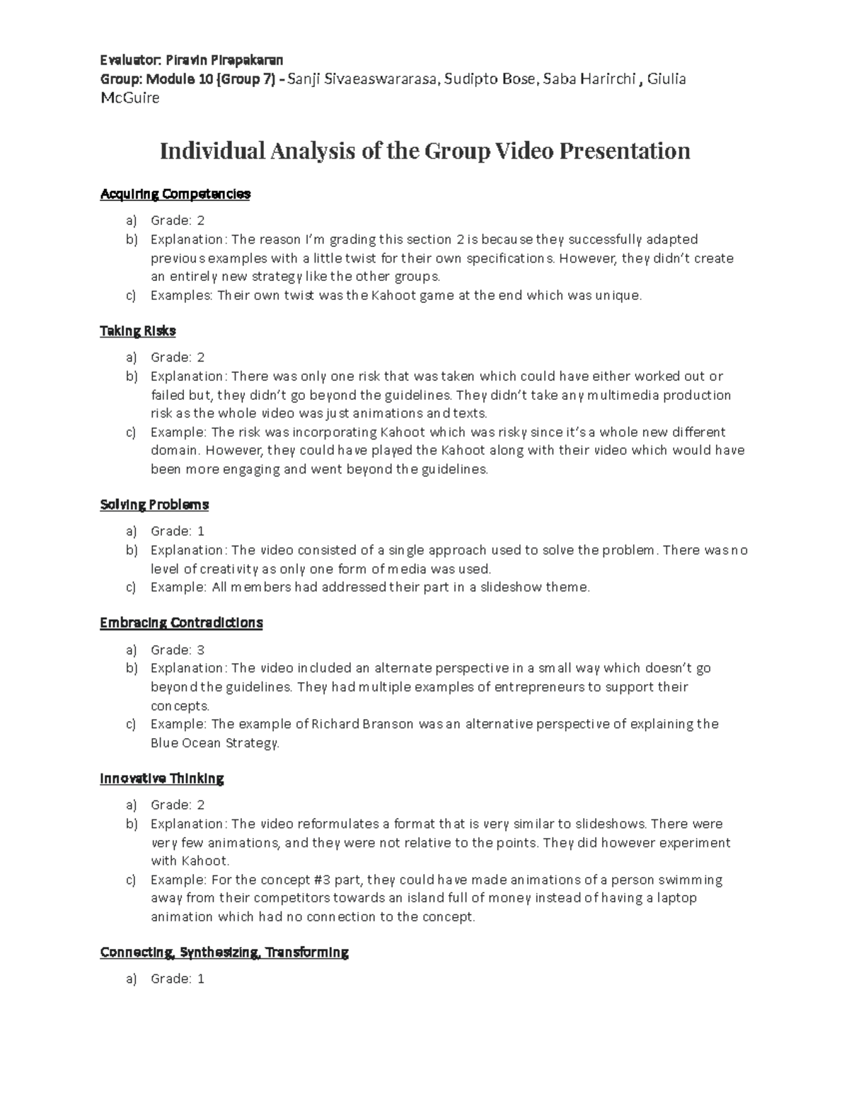 Individual Analysis of the Group Video Presentation - Evaluator ...