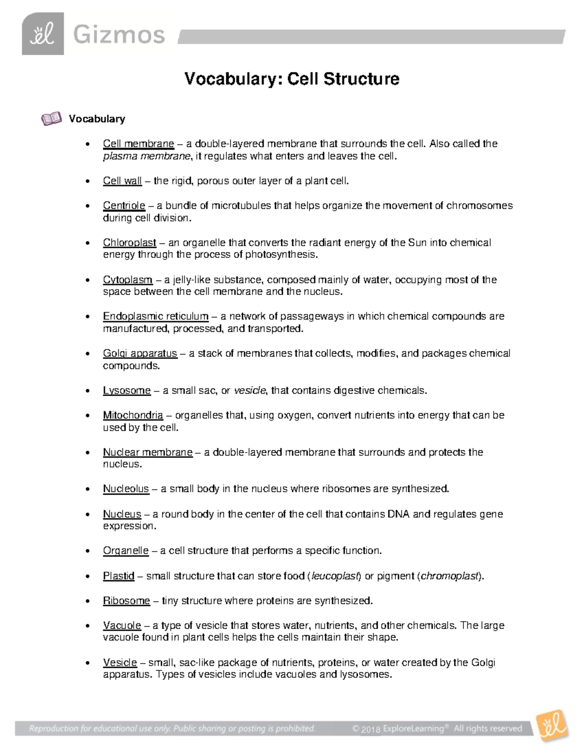 Cell Structure Vocab - 2018 Vocabulary: Cell Structure Vocabulary Cell ...