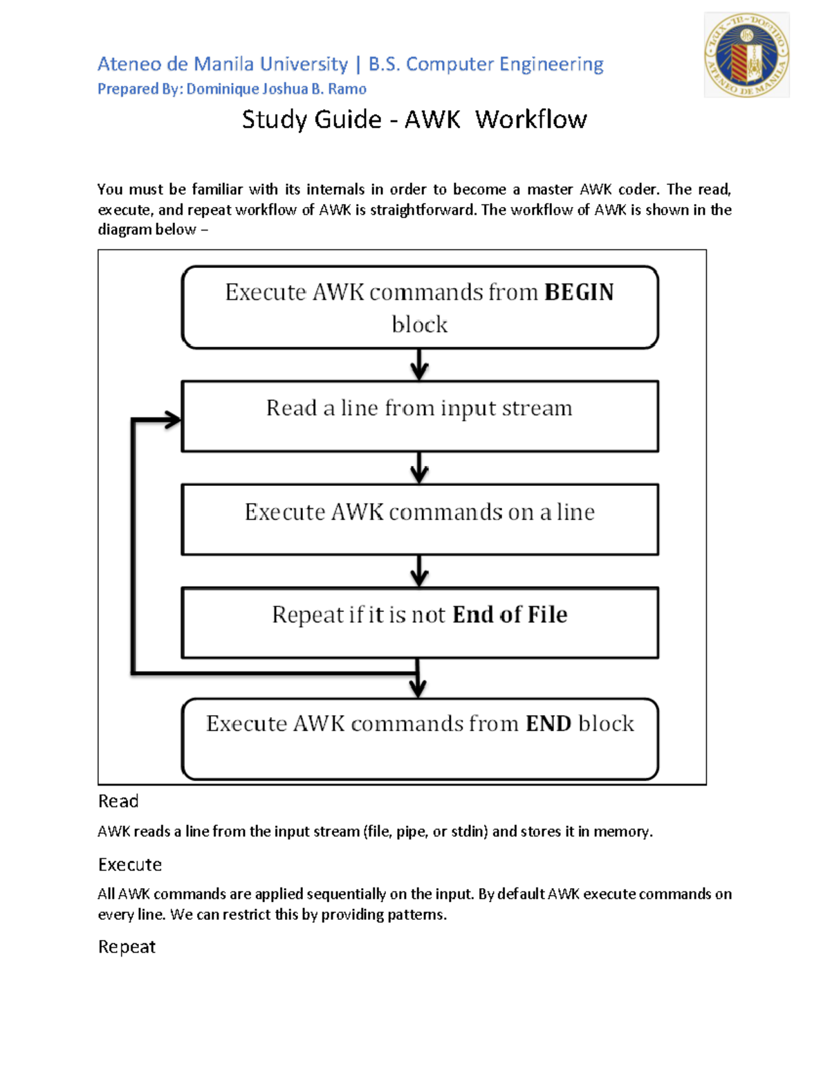 Study Guide - AWK Workflow - Prepared By: Dominique Joshua B. Ramo Study Guide - AWK Workflow ...