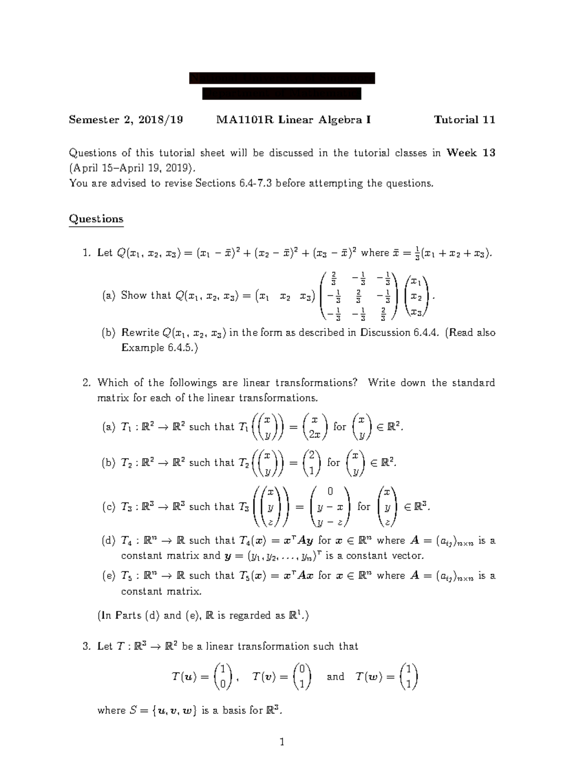 A Constant Vector Practice For Linear Algebra National University Of Singapore Department Of
