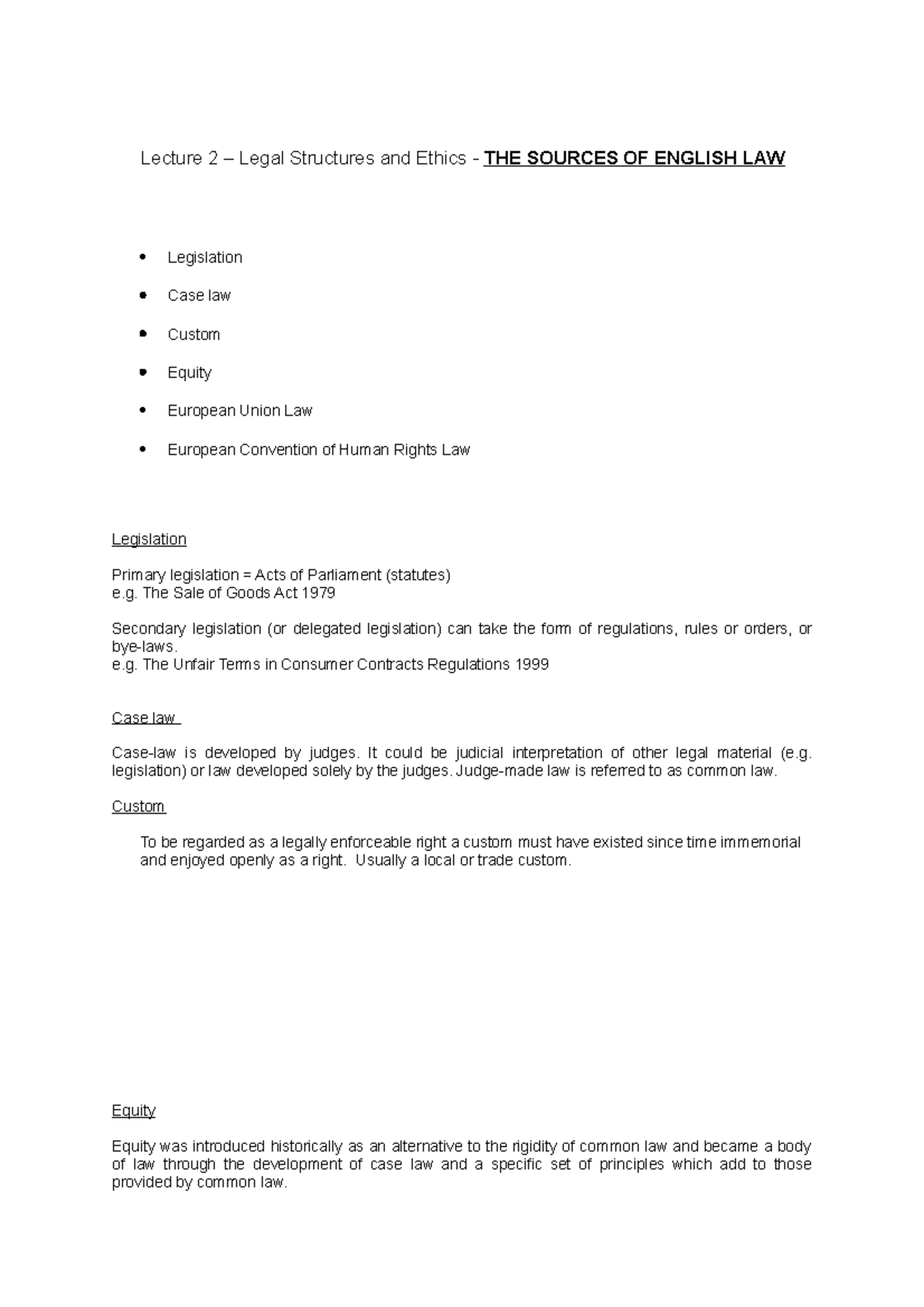 Lecture 2 - Sources of English Law - Lecture 2 – Legal Structures and ...