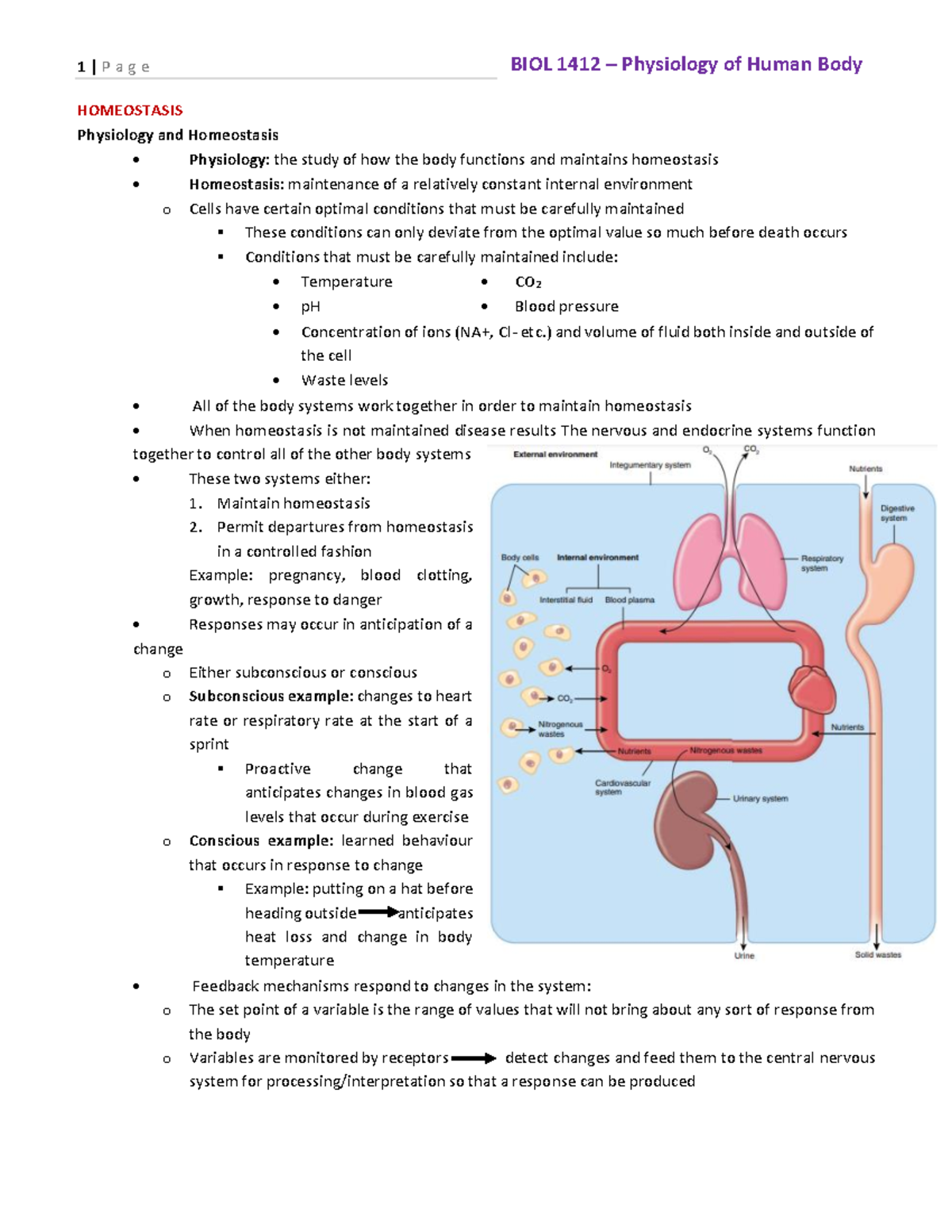BIOL 1412 - Homeostasis to skeletal muscle physiology - 1 | P a g e ...