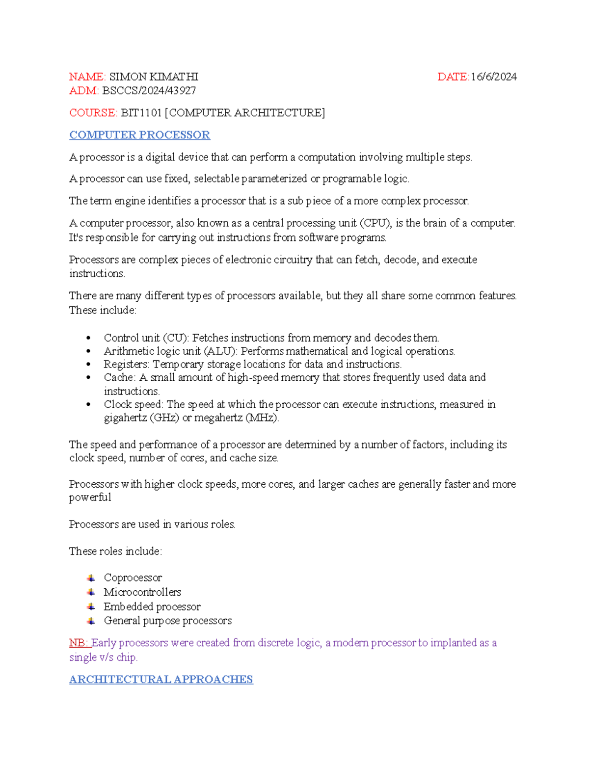 Computer Processors - NAME: SIMON KIMATHI DATE:16/6/ ADM: BSCCS/2024/ COURSE: BIT1101 [COMPUTER ...