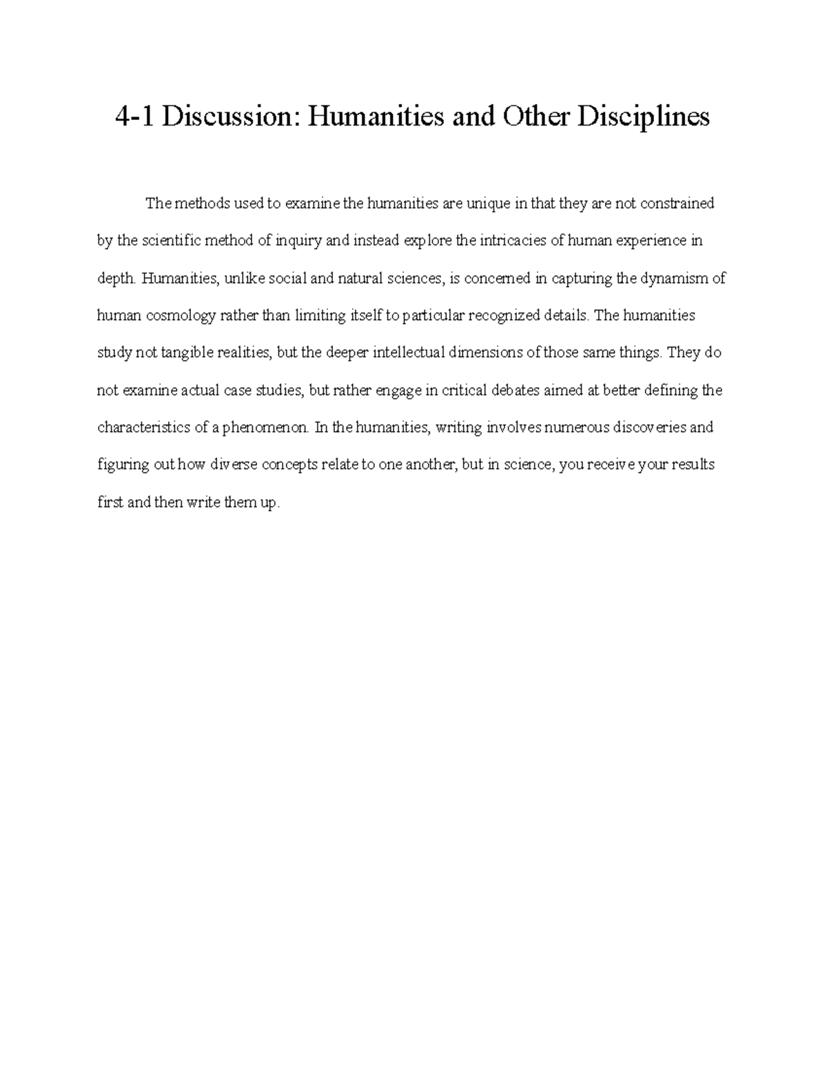 4-1 Discussion Humanities and Other Disciplines - Humanities, unlike ...