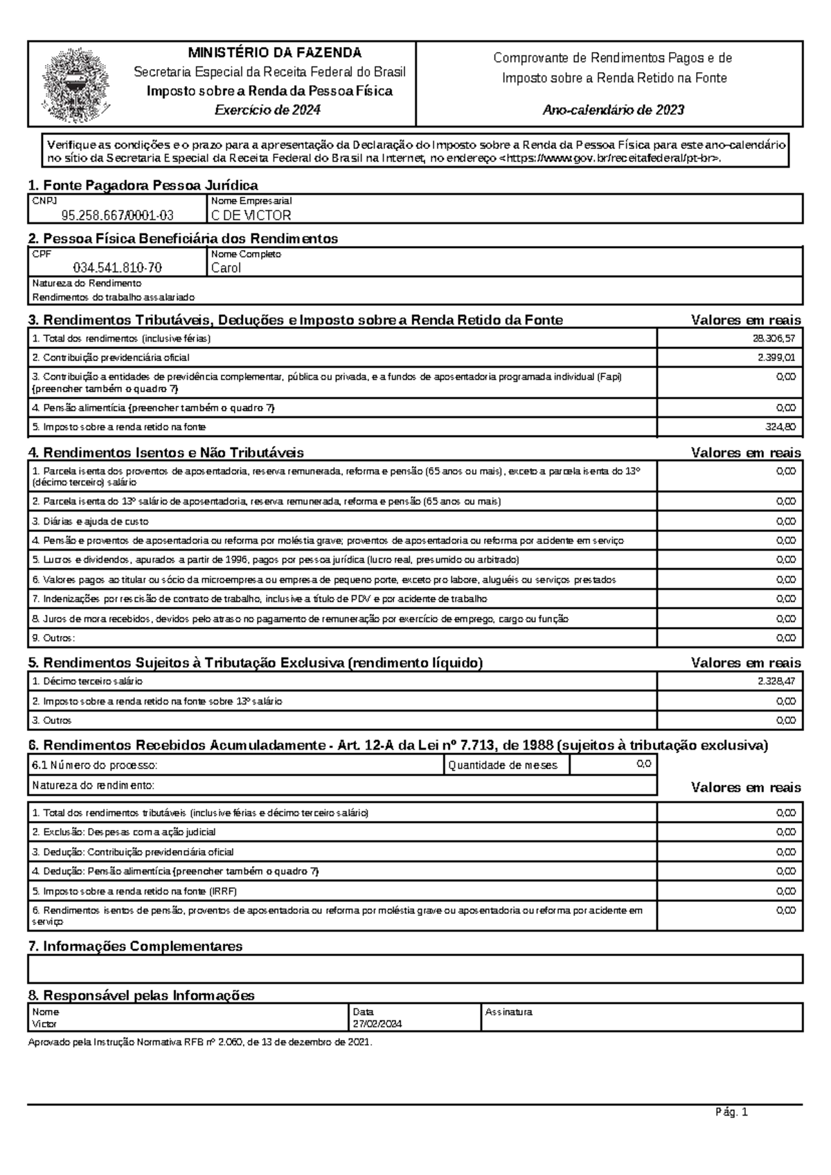 Informe de Rendimentos - DIRF 2024 - Secretaria Especial da Receita ...