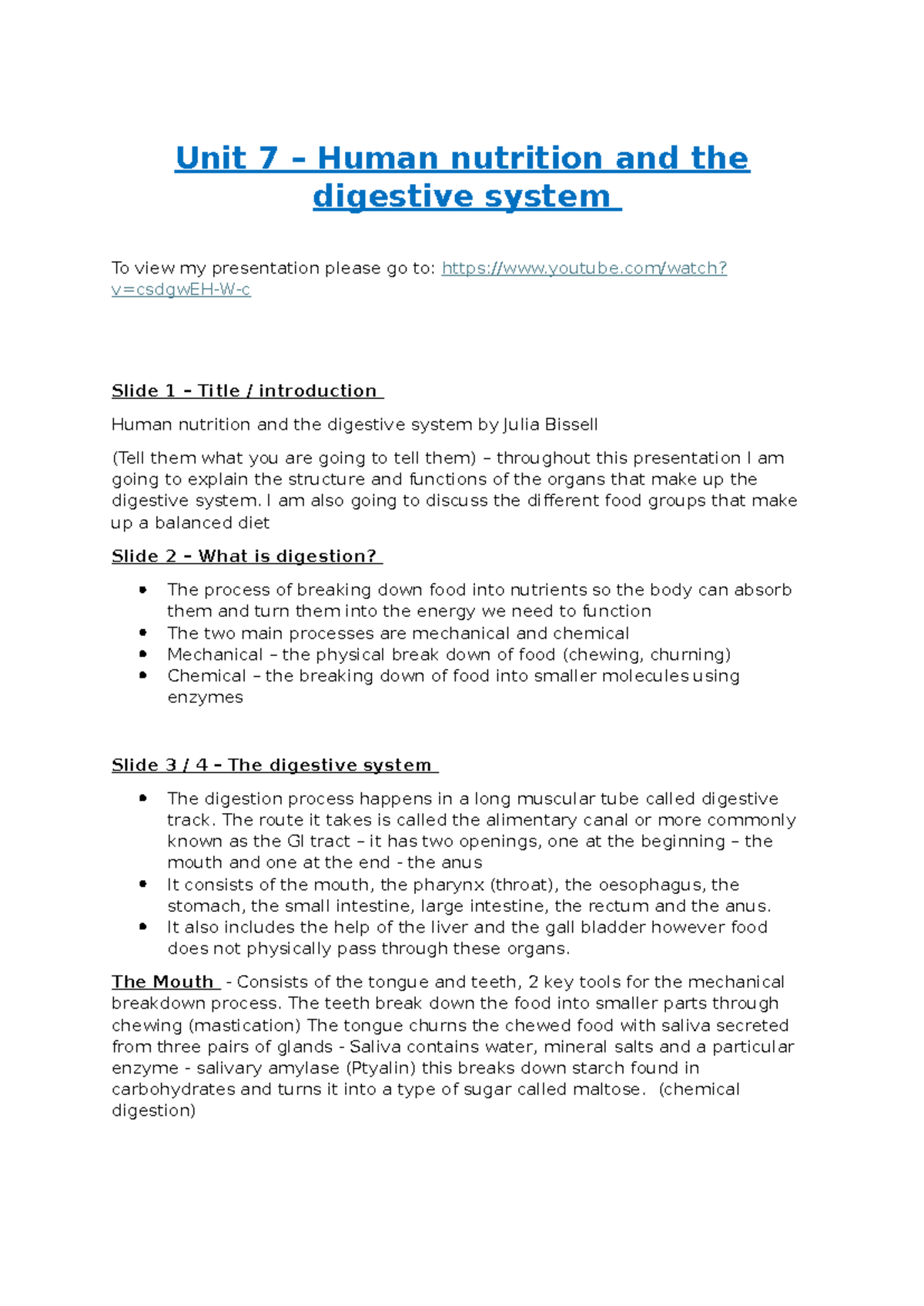 Unit 7 human nutrition and digestion notes - Unit 7 – Human nutrition ...