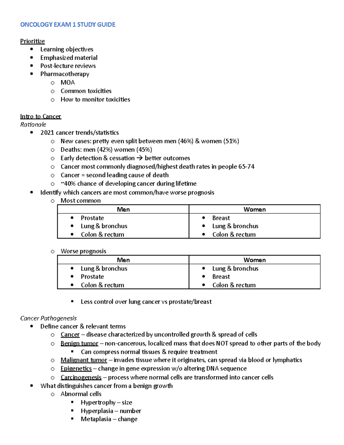 Oncology Exam 1 Study Guide - ONCOLOGY EXAM 1 STUDY GUIDE Prioritize ...