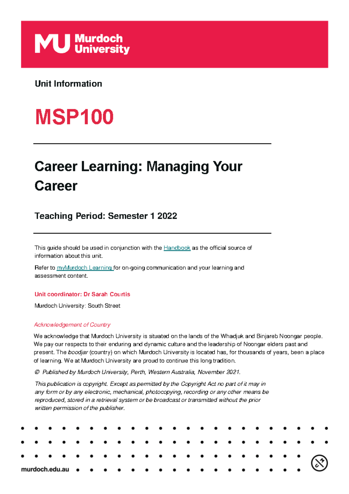 Unit Information MSP100 - Unit Information MSP Career Learning ...