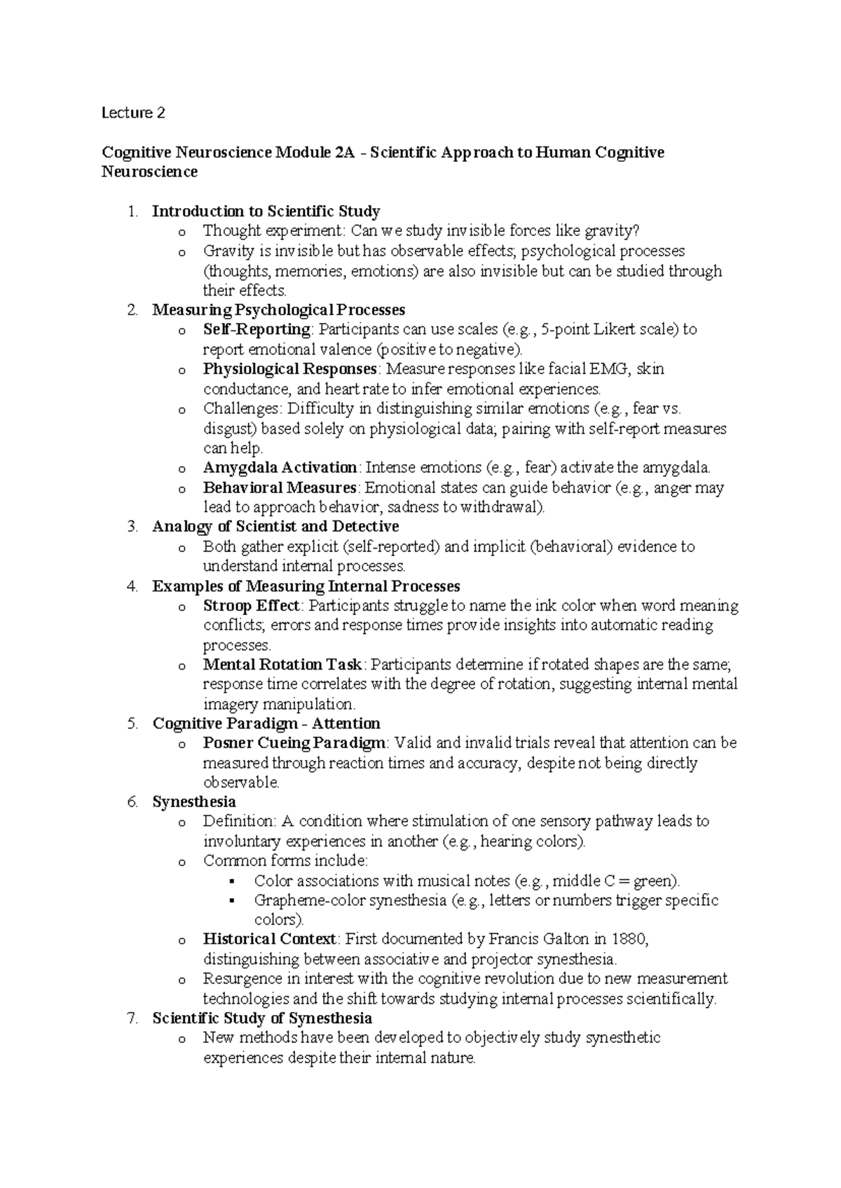 Cognitive - simple lecture notes - Lecture 2 Cognitive Neuroscience ...