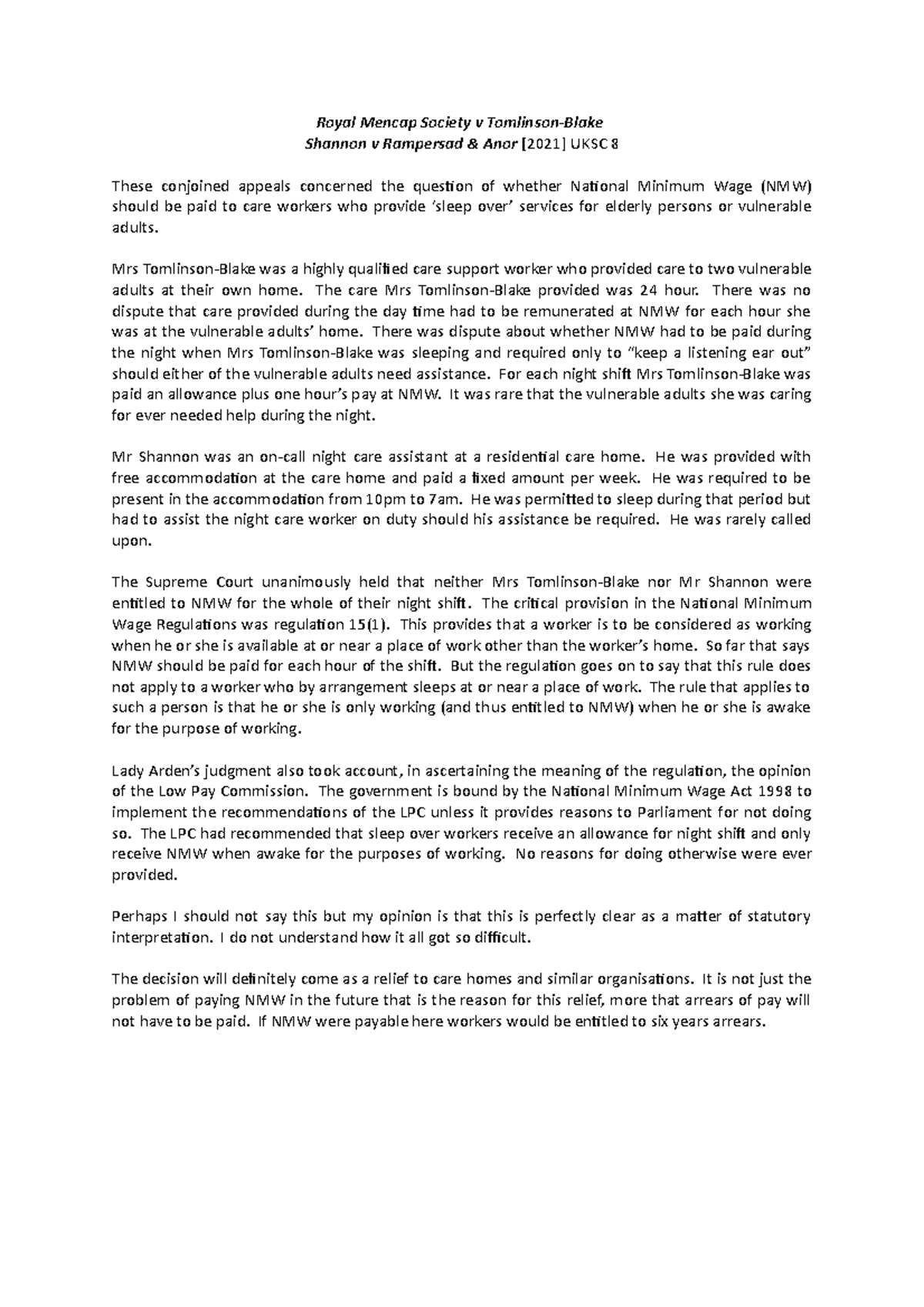 Royal Mencap Society v Tomlinson note-1 - Royal Mencap Society v ...