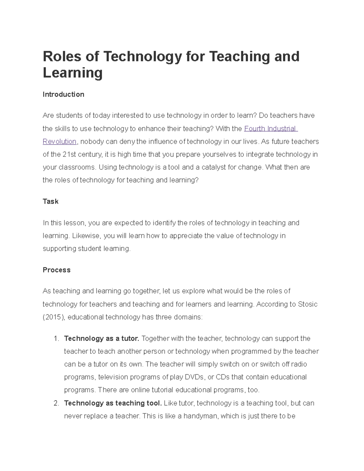 Material - Roles of Technology for Teaching and Learning - Bachelor of ...