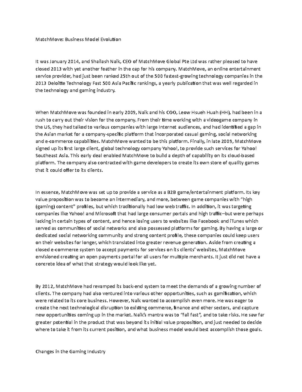 Match Move case study - MatchMove: Business Model Evolution It was ...