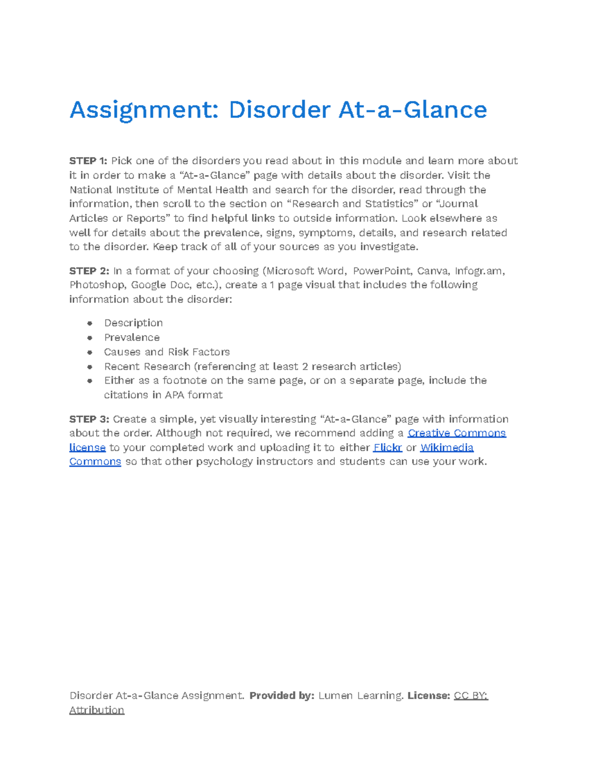 Assignment: Psychological Disorders - Assignment: Disorder At-a-Glance ...