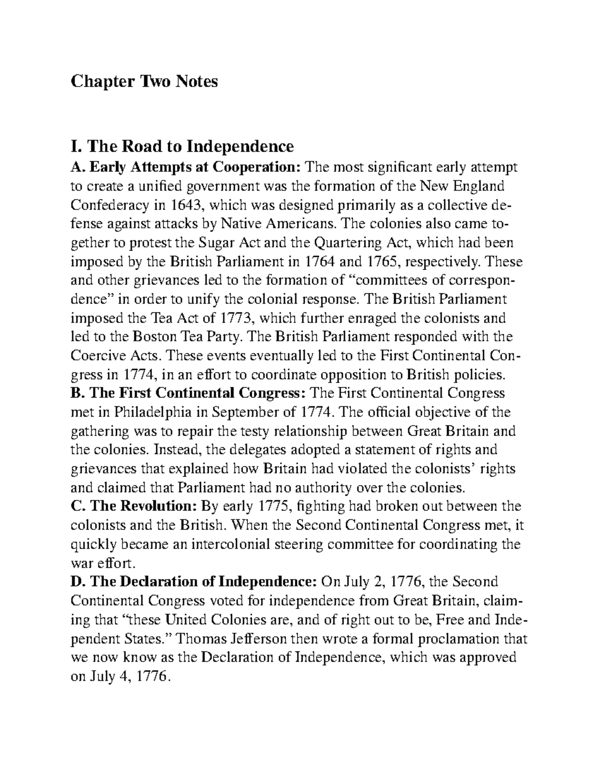 Chapter 2 Notes Chapter Two Notes I The Road To Independence A