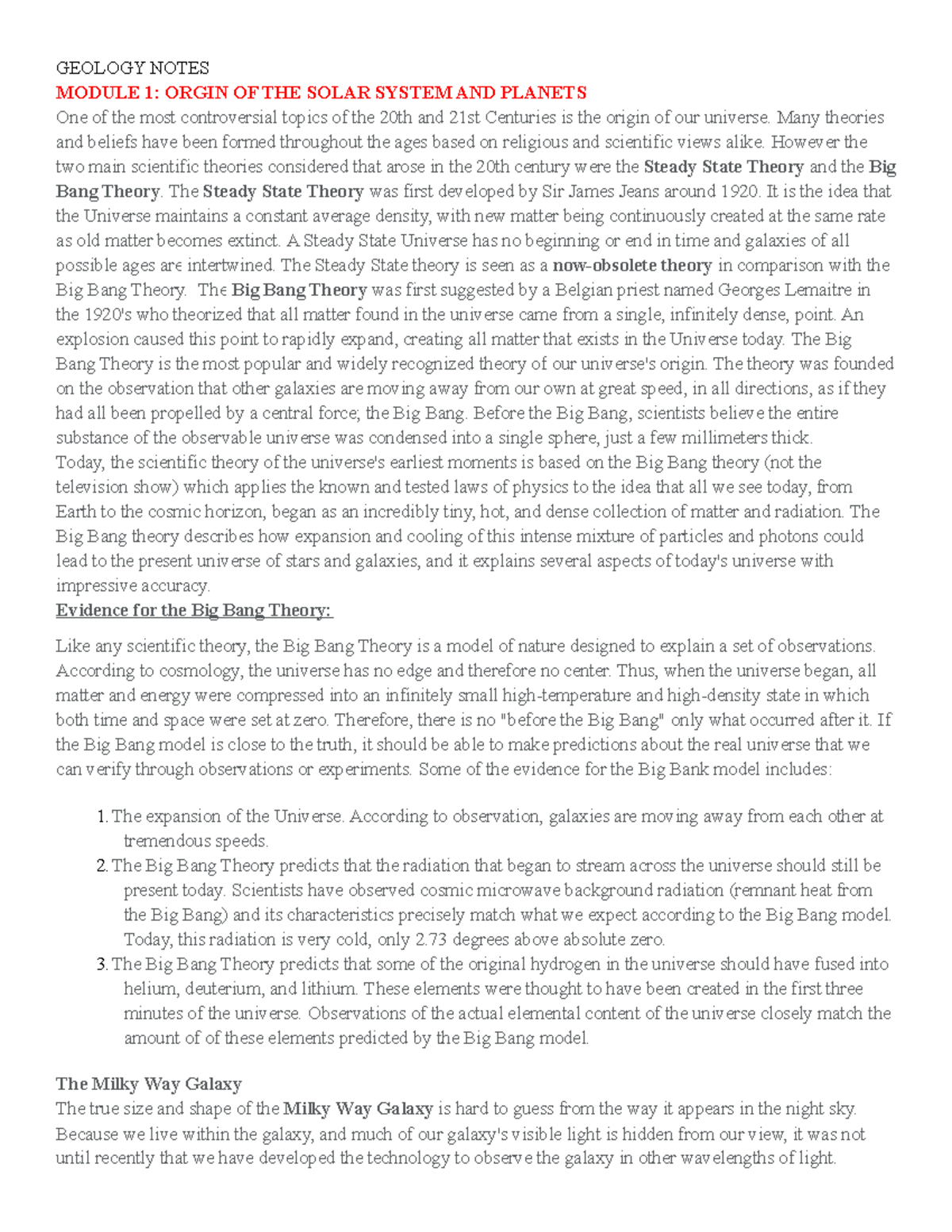 GEOL 4406 (Unit 1) Our Solar System - GEOLOGY NOTES MODULE 1: ORGIN OF ...
