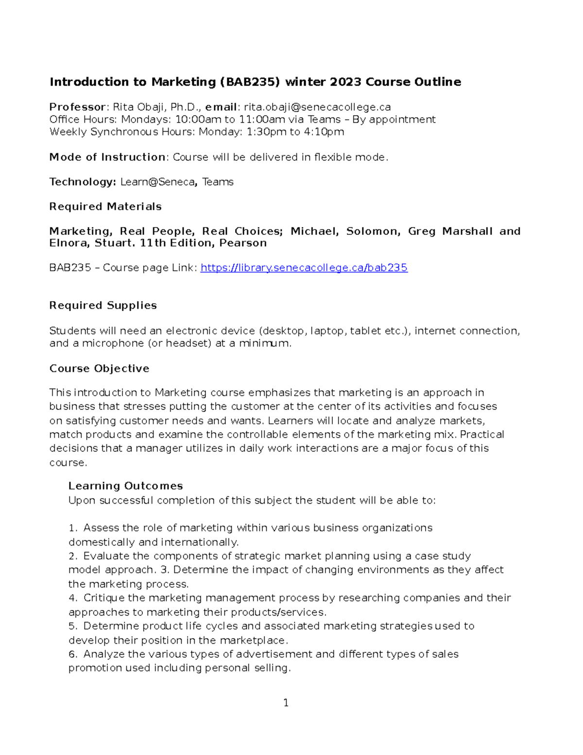BAB235 Course Outline- Winter 2023 - Recent - Introduction to Marketing (BAB235) winter 2023 ...